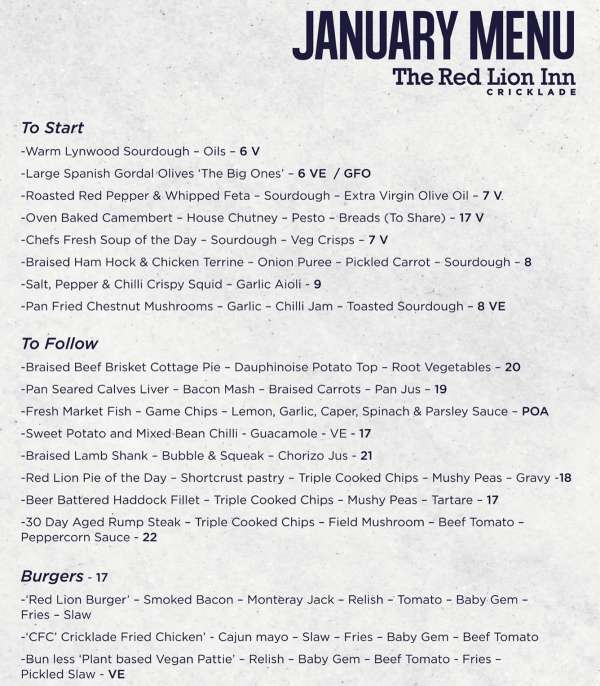 Menus – The Red Lion Cricklade