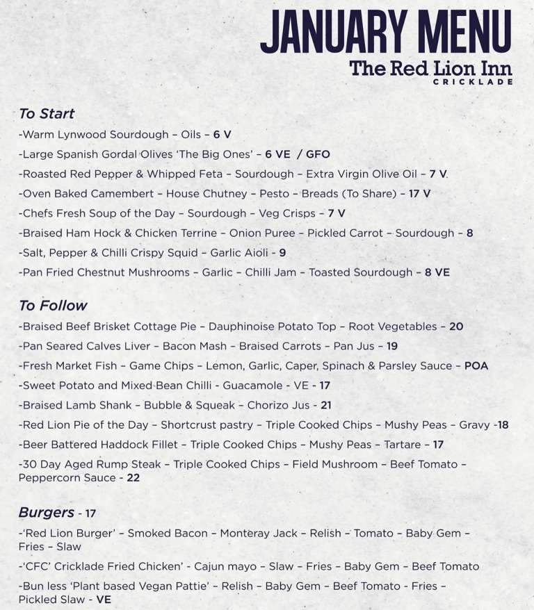 Menus – The Red Lion Cricklade