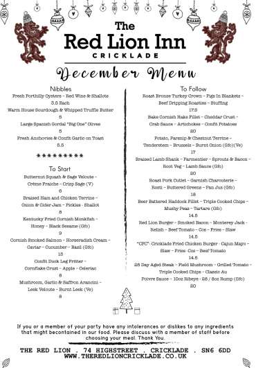 Menus – The Red Lion Cricklade