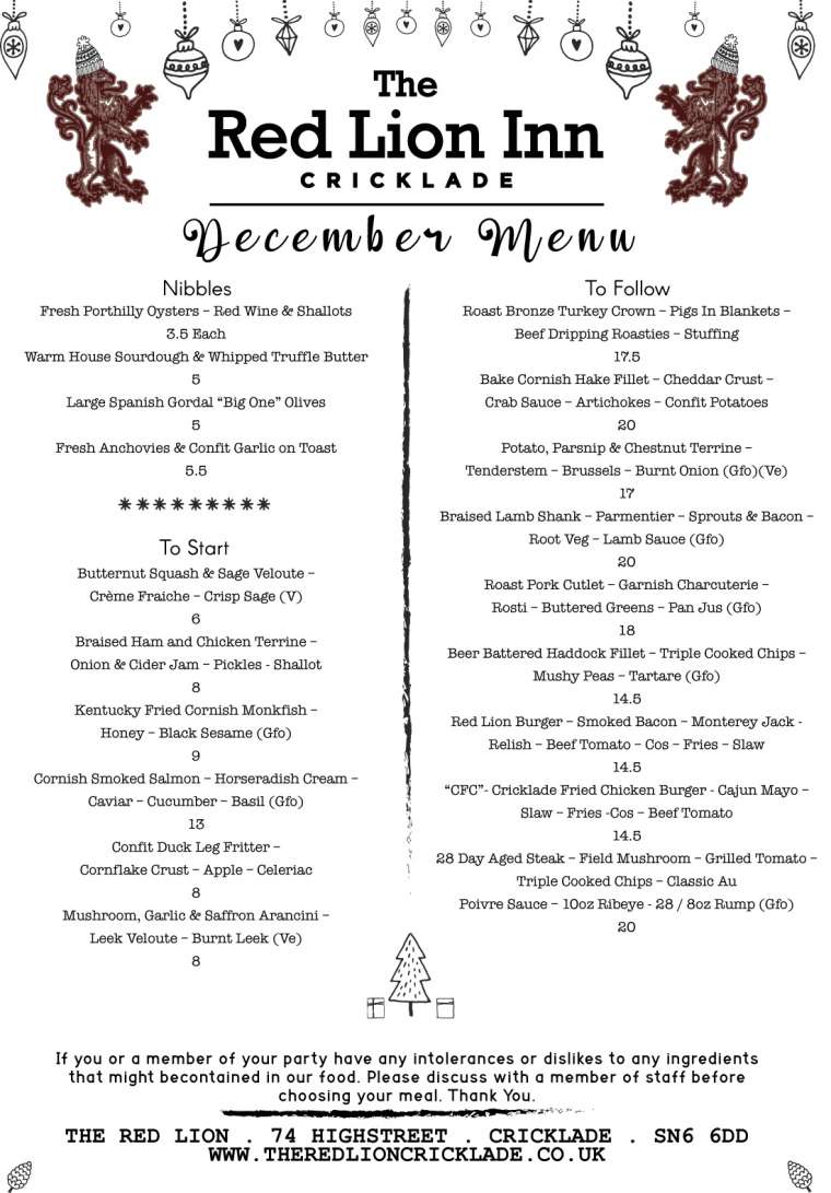 Menus – The Red Lion Cricklade