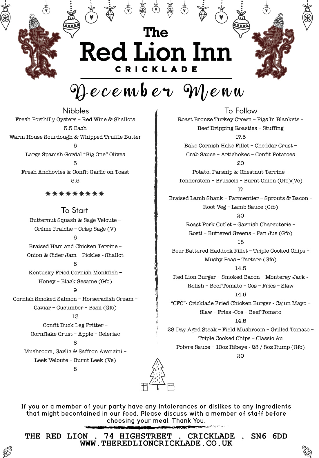 Menus – The Red Lion Cricklade