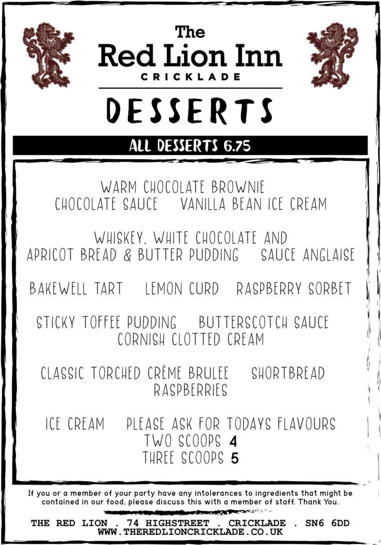 Menus – The Red Lion Cricklade