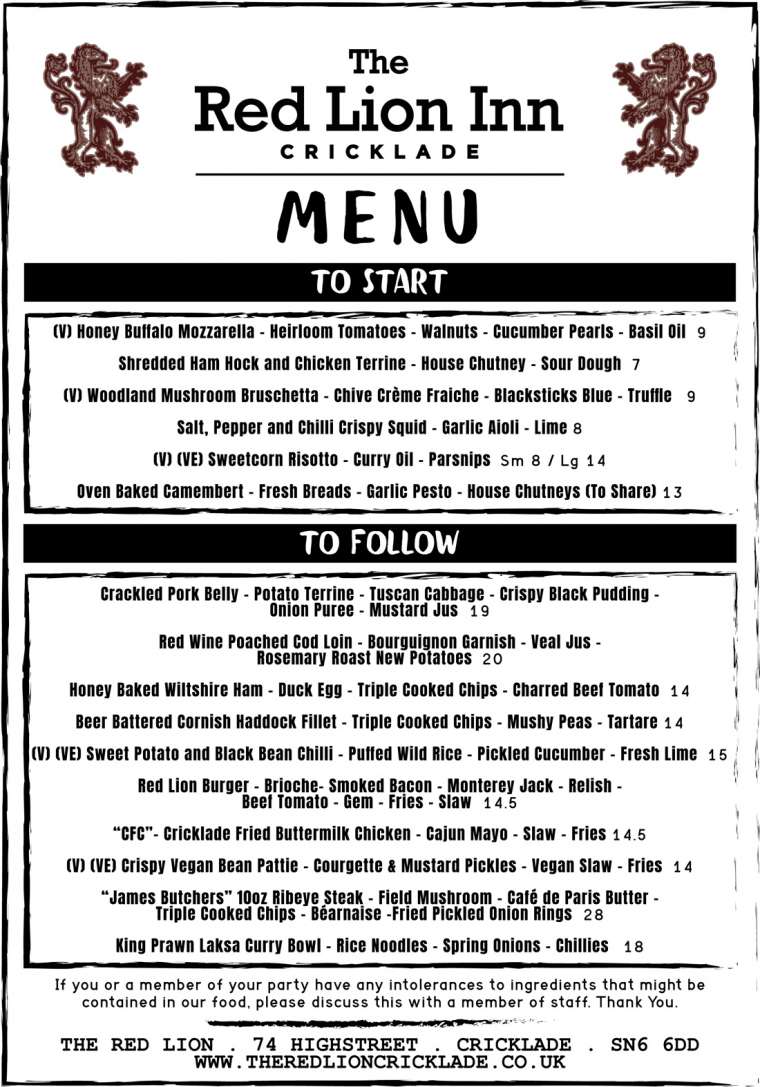 Menus – The Red Lion Cricklade