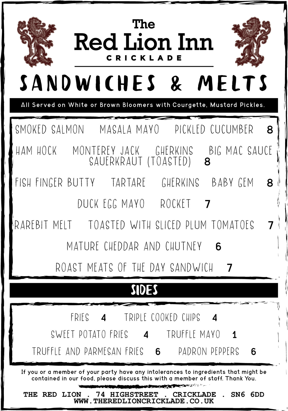 Menus – The Red Lion Cricklade