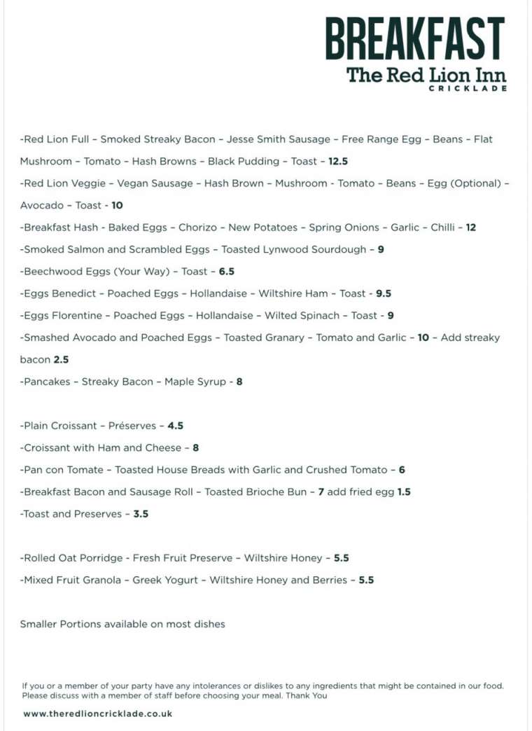 Menus – The Red Lion Cricklade