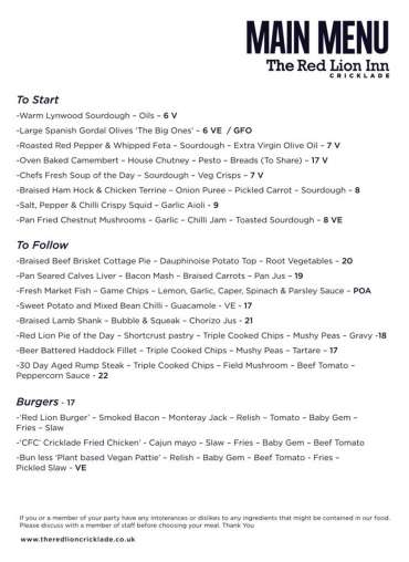 Menus – The Red Lion Cricklade