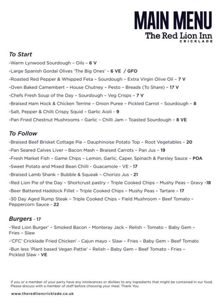Menus – The Red Lion Cricklade